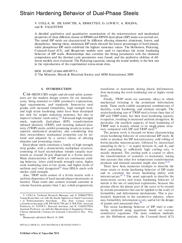 (PDF) Strain Hardening Behavior of Dual-Phase Steels