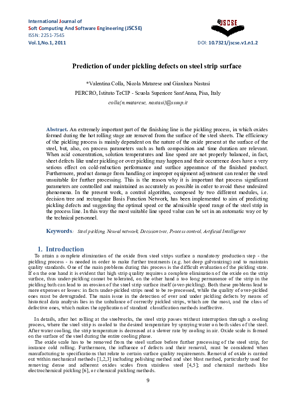 (PDF) Prediction of under pickling defects on steel strip surface