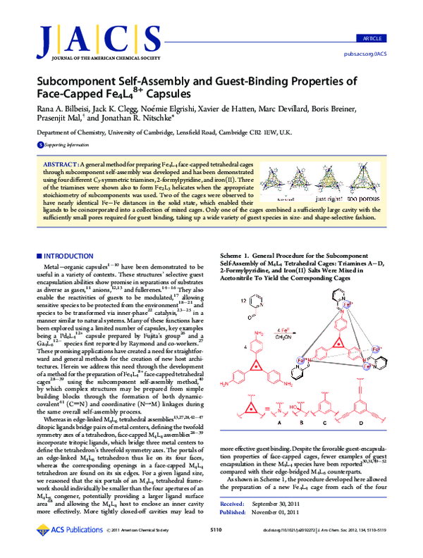 Pdf Subcomponent Self Assembly And Guest Binding Properties Of Face Capped Fe 4 L 4 8 Capsules