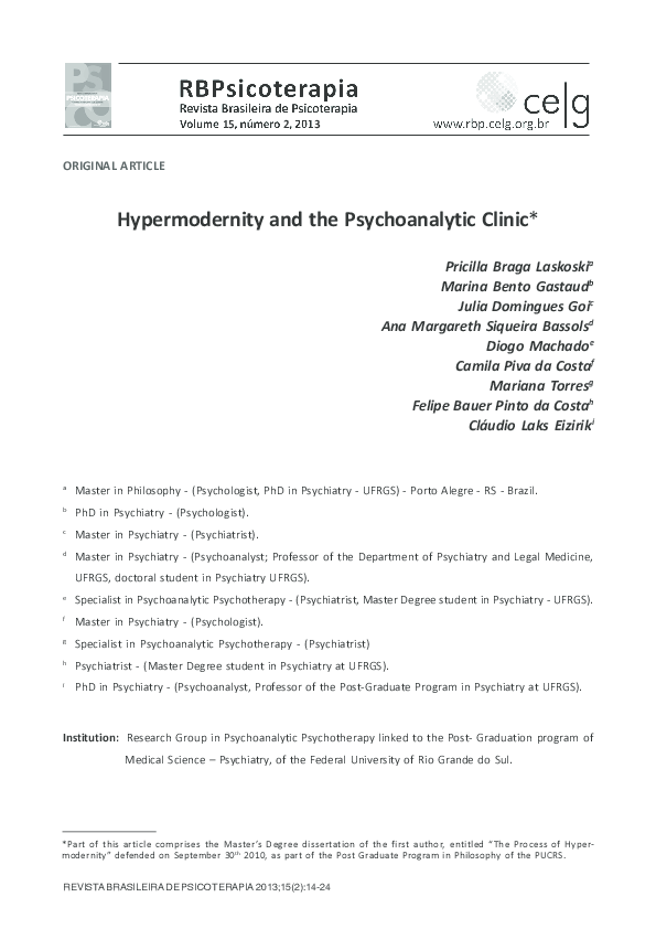 (PDF) Hypermodernity and the Psychoanalytic Clinic