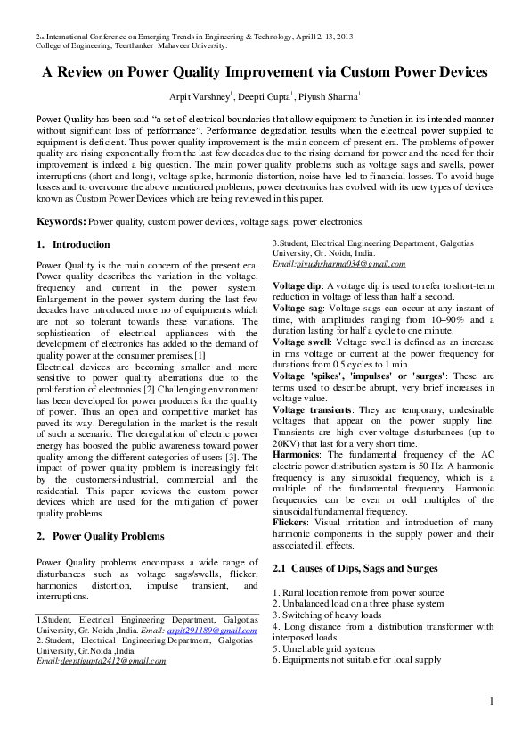 (PDF) A Review on Power Quality Improvement via Custom Power Devices