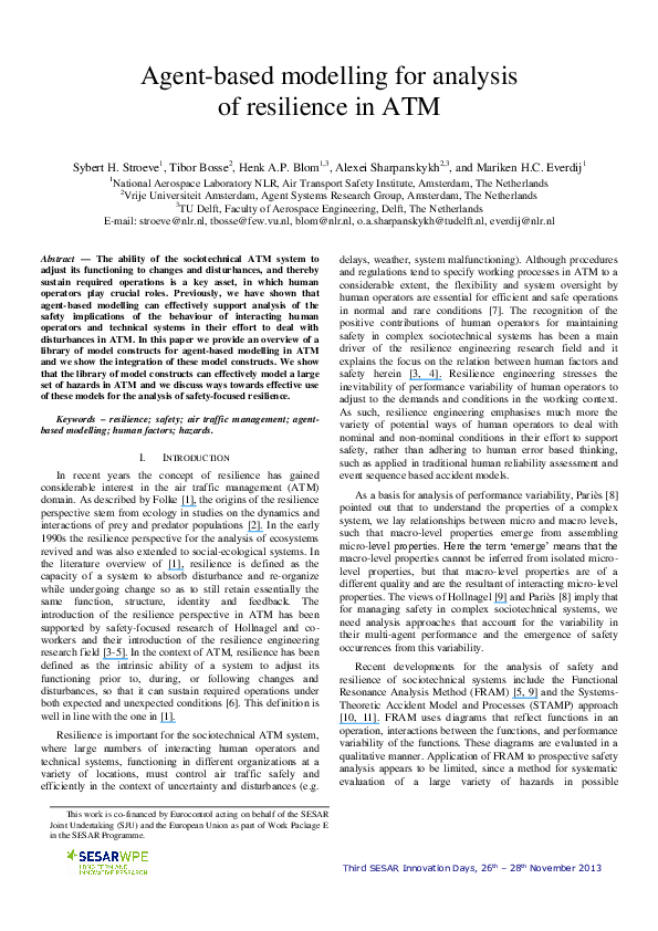 (PDF) Agent-based modelling for analysis of resilience in ATM