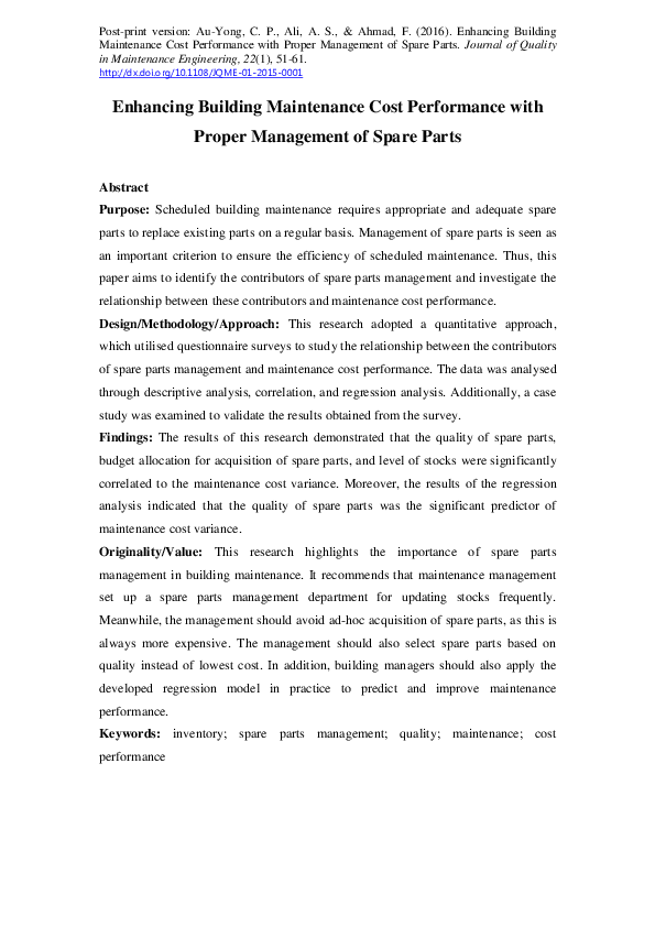 (PDF) Enhancing Building Maintenance Cost Performance with Proper ...