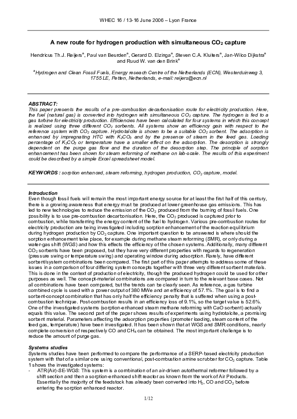 (PDF) A new route for hydrogen production with simultaneous CO2 capture
