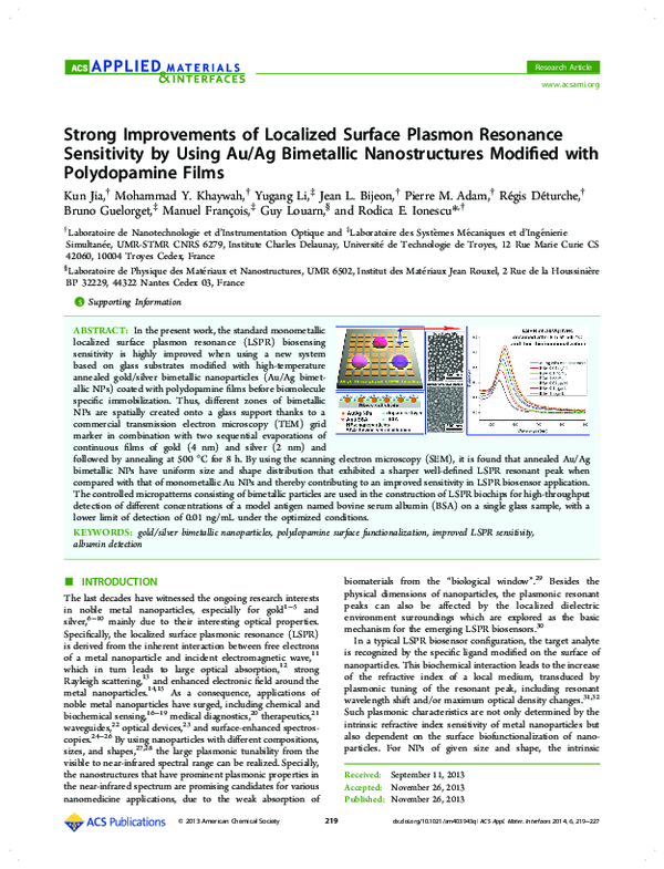 (PDF) Strong Improvements of Localized Surface Plasmon Resonance Sensitivity by Using Au/Ag ...