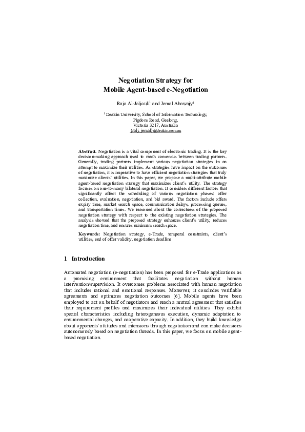 (PDF) Negotiation Strategy for Mobile Agent-based e-Negotiation (PDF) Negotiation Strategy for Mobile Agent-based e-Negotiation