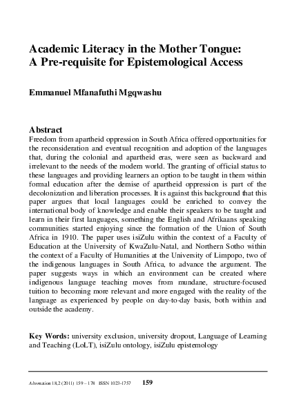 (PDF) Academic Literacy in the Mother Tongue: A Pre-requisite for ...