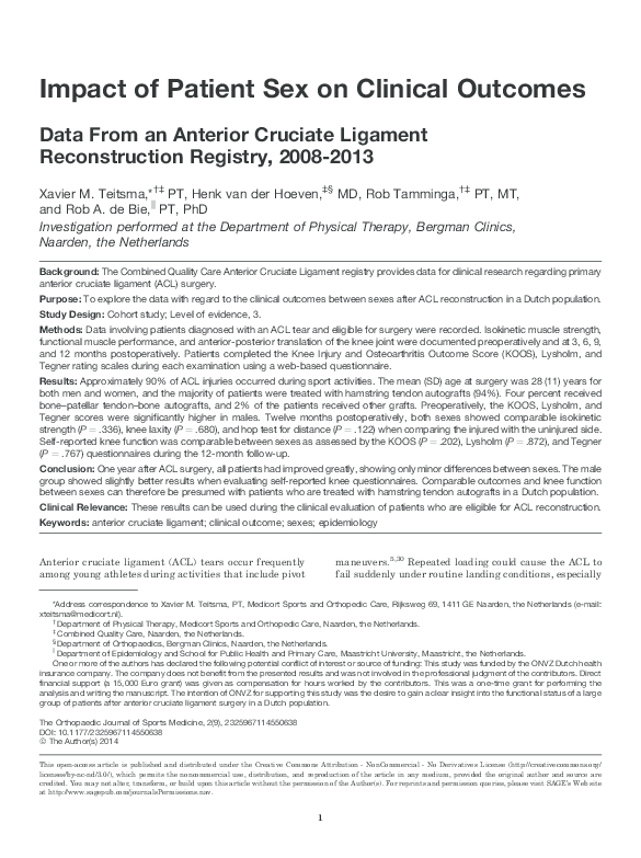 Pdf Impact Of Patient Sex On Clinical Outcomes Data From An Anterior Cruciate Ligament