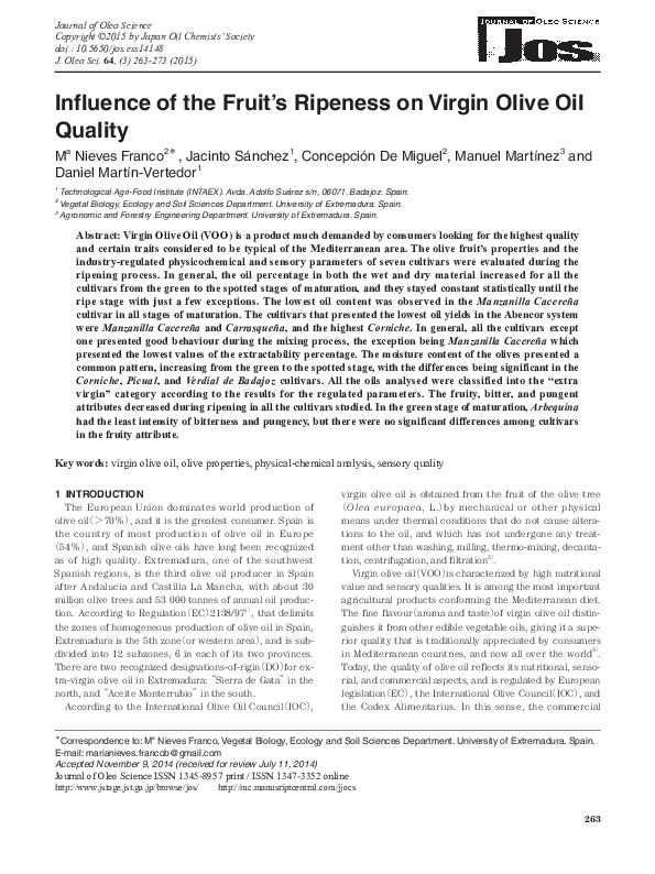 (PDF) Influence of the Fruit's Ripeness on Virgin Olive Oil Quality