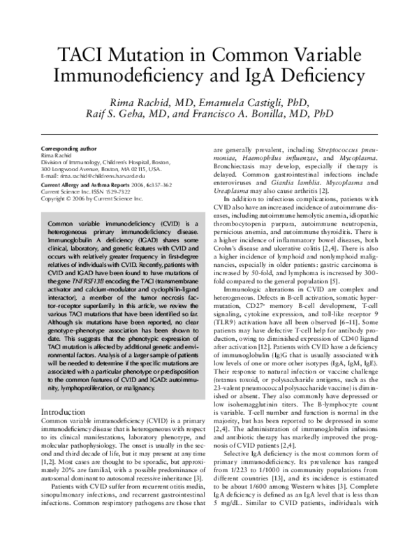 (PDF) TACI mutation in common variable immunodeficiency and IgA deficiency