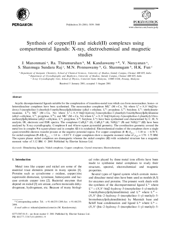 (PDF) Synthesis of copper(II) and nickel(II) complexes using compartmental ligands: X-ray ...