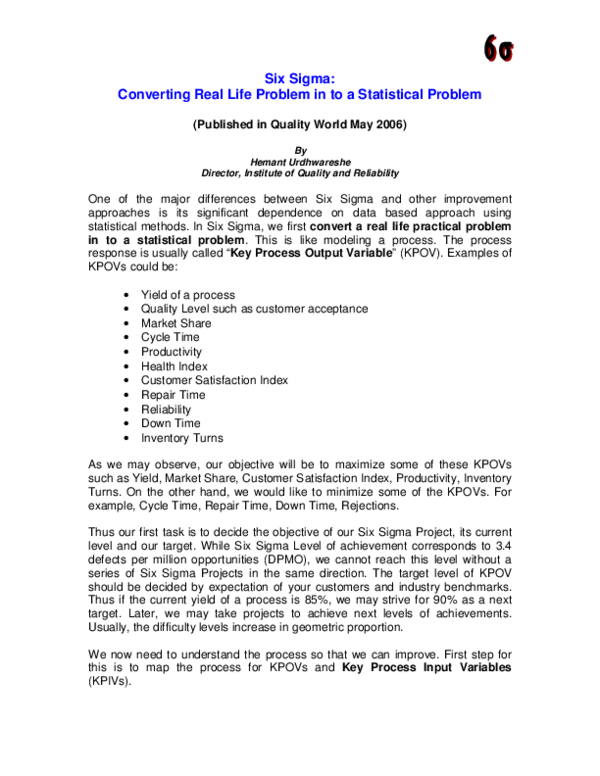 (PDF) Six Sigma: Converting Real Life Problem in to a Statistical Problem
