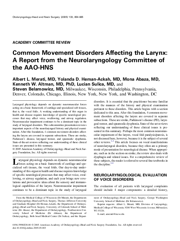 (PDF) Common Movement Disorders Affecting the Larynx: A Report from the ...