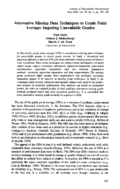(PDF) Alternative Missing Data Techniques to Grade Point Average: Imputing Unavailable Grades