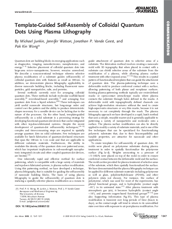 (PDF) Template-Guided Self-Assembly of Colloidal Quantum Dots Using Plasma Lithography