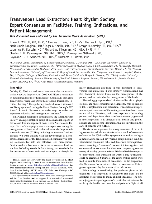 (PDF) Transvenous Lead Extraction: Heart Rhythm Society Expert ...
