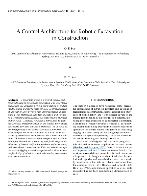 (PDF) A control architecture for robotic excavation in construction