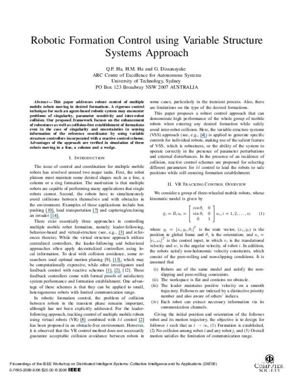 Pdf Robotic Formation Control Using Variable Structure Systems Approach