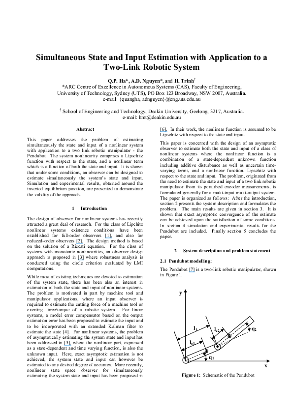Pdf Simultaneous State And Input Estimation With Application To A Two Link Robotic System