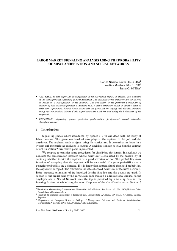 (PDF) LABOR MARKET SIGNALING ANALYSIS USING THE PROBABILITY OF MISCLASSIFICATION AND NEURAL NETWORKS