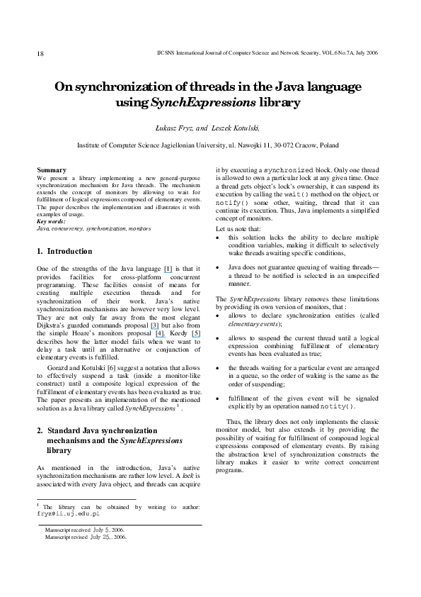 (PDF) On synchronization of threads in the Java language using ...