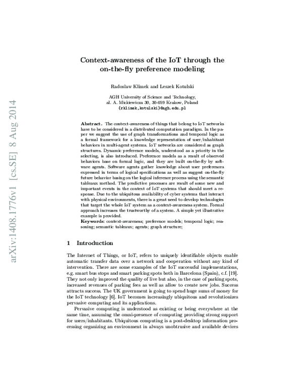 (PDF) Context-awareness of the IoT through the on-the-fly preference modeling | Leszek Kotulski ...
