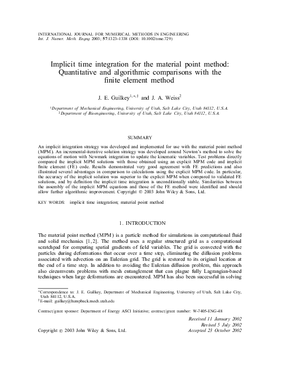 Pdf Implicit Time Integration For The Material Point Method Quantitative And Algorithmic