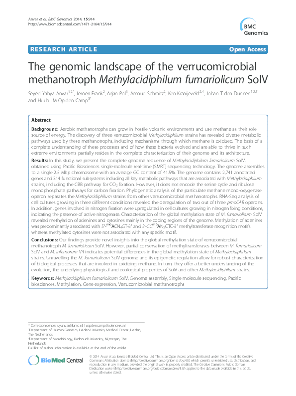 (PDF) The genomic landscape of the verrucomicrobial methanotroph Methylacidiphilum fumariolicum SolV