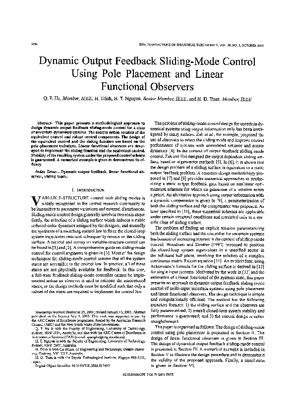 Pdf Dynamic Output Feedback Sliding Mode Control Using Pole Placement And Linear Functional 9932