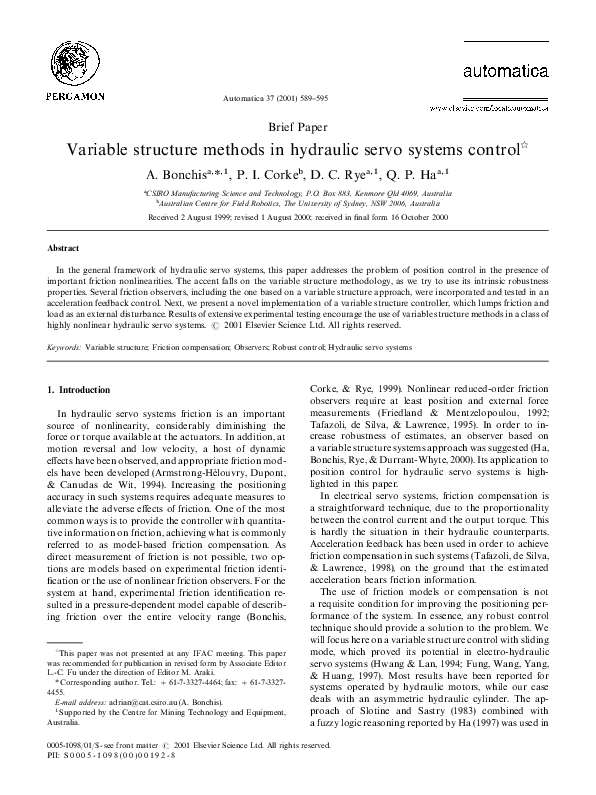 (PDF) Variable structure methods in hydraulic servo systems control
