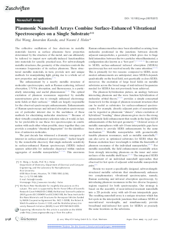 (PDF) Plasmonic Nanoshell Arrays Combine Surface-Enhanced Vibrational Spectroscopies on a Single ...