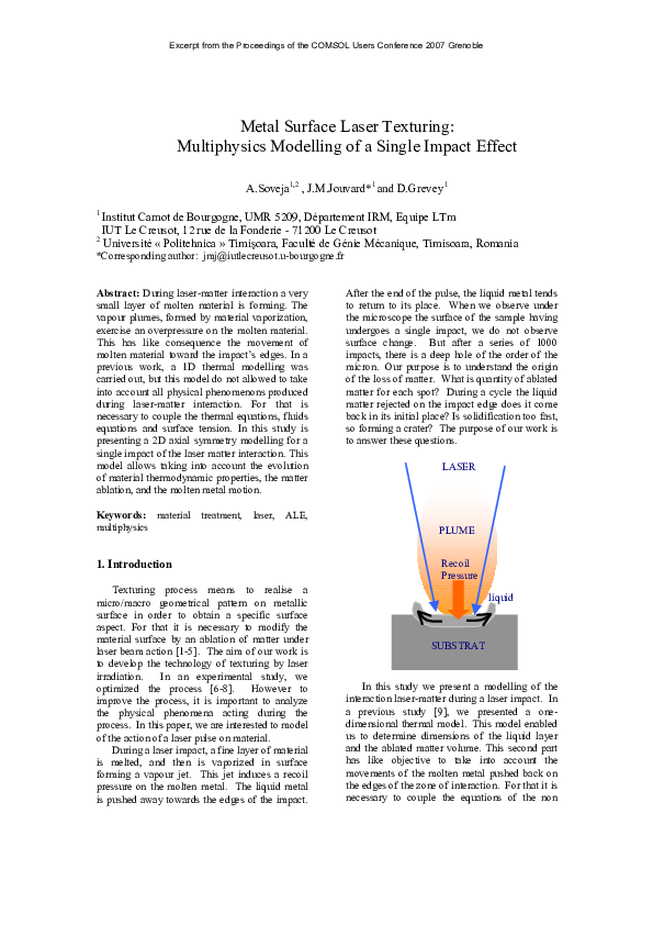 (PDF) Metal Surface Laser Texturing: Multiphysics Modelling of a Single ...