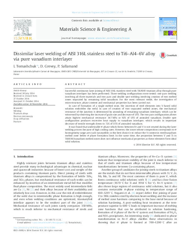 (PDF) Dissimilar laser welding of AISI 316L stainless steel to Ti6–Al4 ...