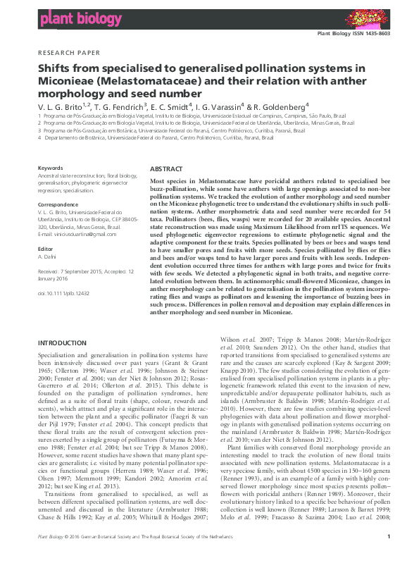 (PDF) Shifts from specialised to generalised pollination systems in Miconieae (Melastomataceae ...