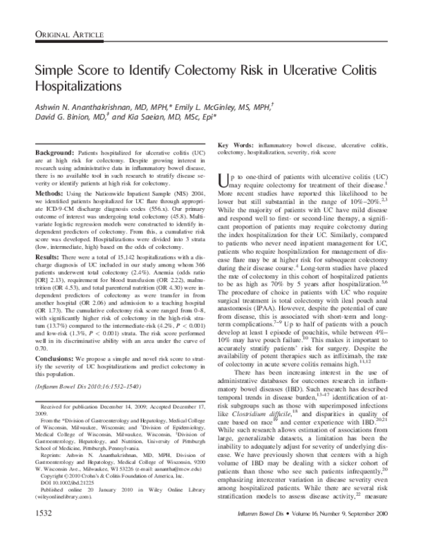 (PDF) Simple score to identify colectomy risk in ulcerative colitis ...