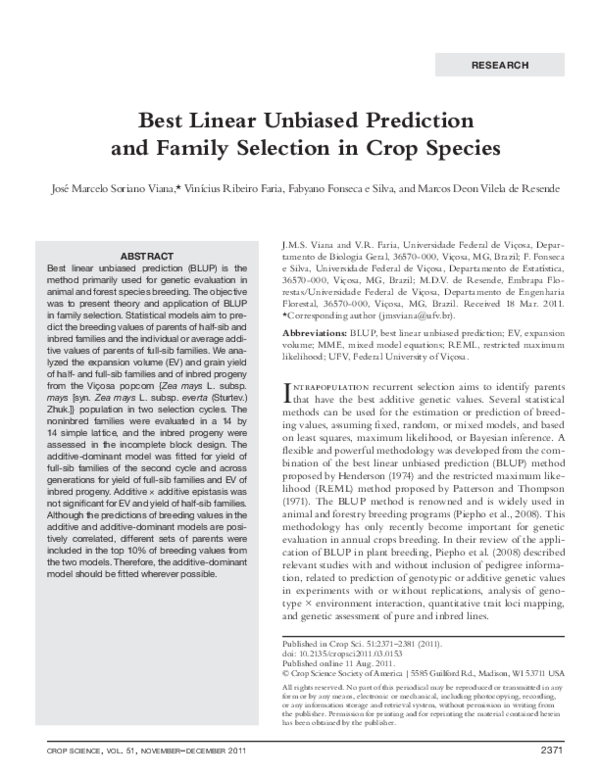 Best Linear Unbiased Prediction and Family Selection in Crop Species