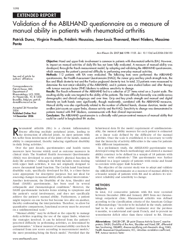 (PDF) Validation of the ABILHAND questionnaire as a measure of manual ...