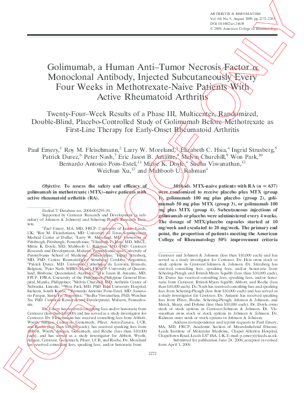 (PDF) Golimumab, a human anti-tumor necrosis factor α monoclonal antibody, injected ...