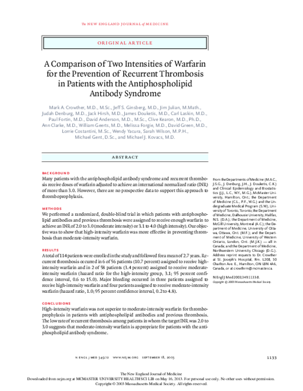 Pdf A Comparison Of Two Intensities Of Warfarin For The Prevention Of