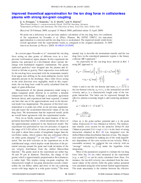 (PDF) Improved theoretical approximation for the ion drag force in collisionless plasma with ...