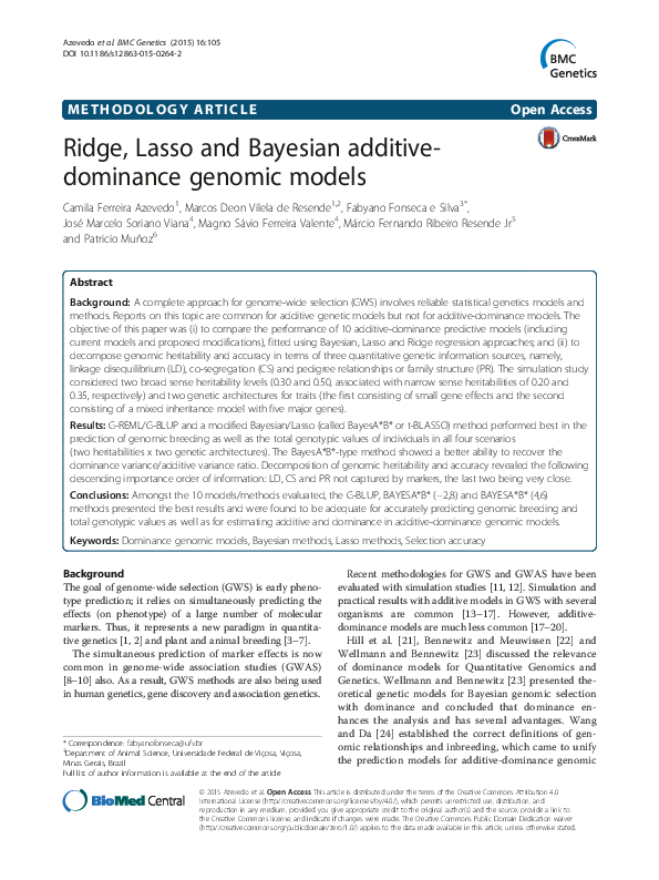 Ridge, Lasso and Bayesian additive- dominance genomic models