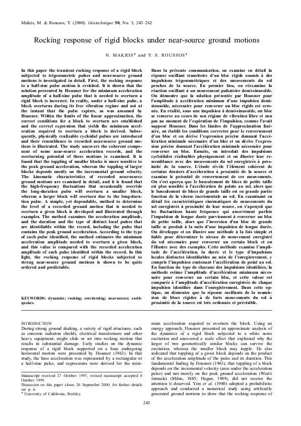 (PDF) Rocking response of rigid blocks under near-source ground motions