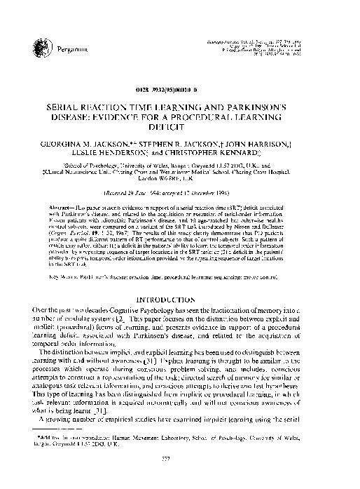 (PDF) Serial reaction time learning and Parkinson's disease: Evidence for a procedural learning ...