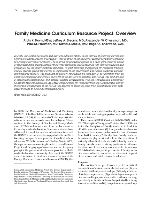 (PDF) Family medicine curriculum resource project: overview