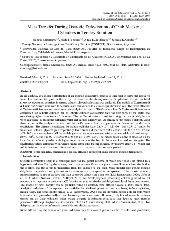 (PDF) Mass Transfer During Osmotic Dehydration of Chub Mackerel Cylinders in Ternary Solution ...