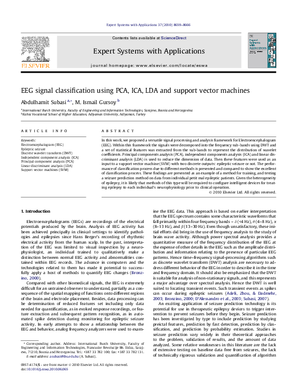 (PDF) EEG signal classification using PCA, ICA, LDA and support vector machines