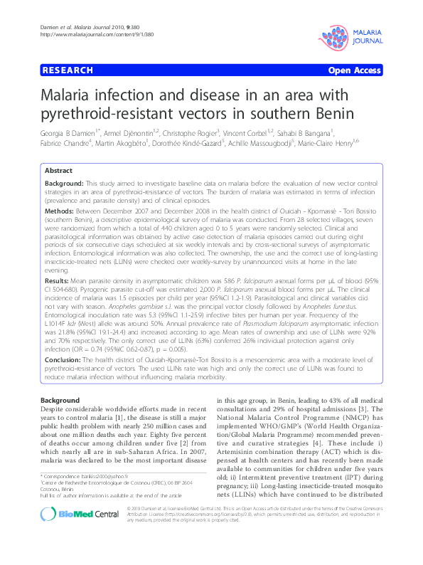 (PDF) Malaria infection and disease in an area with pyrethroid-resistant vectors in southern Benin