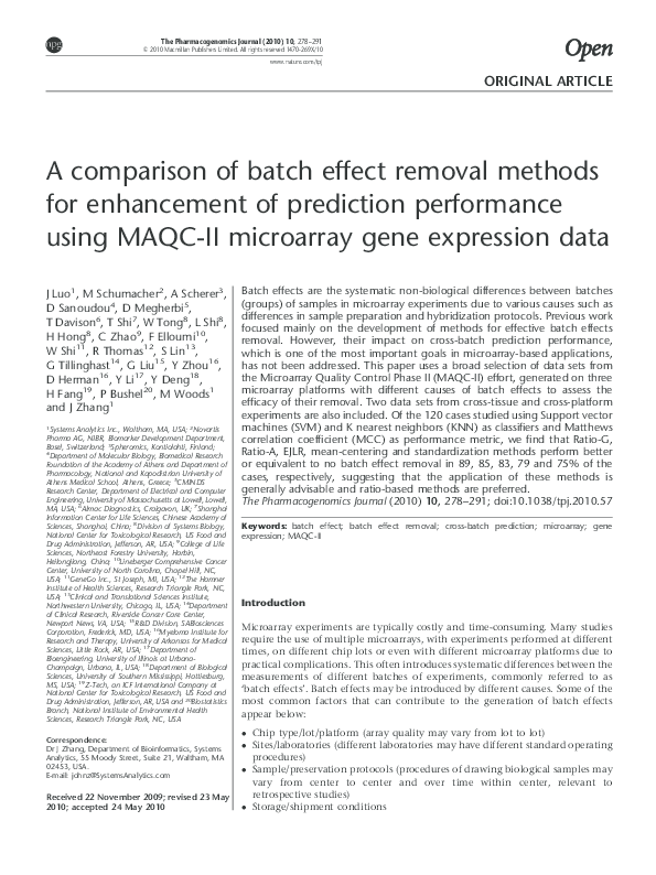 Pdf A Comparison Of Batch Effect Removal Methods For Enhancement Of Prediction Performance