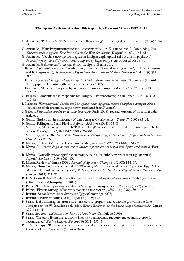 The Apion Archive: A Select Bibliography of Recent Work (1997–2015)