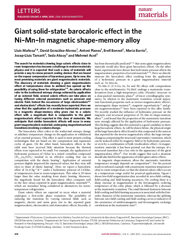 (PDF) Giant solid-state barocaloric effect in the Ni–Mn–In magnetic ...